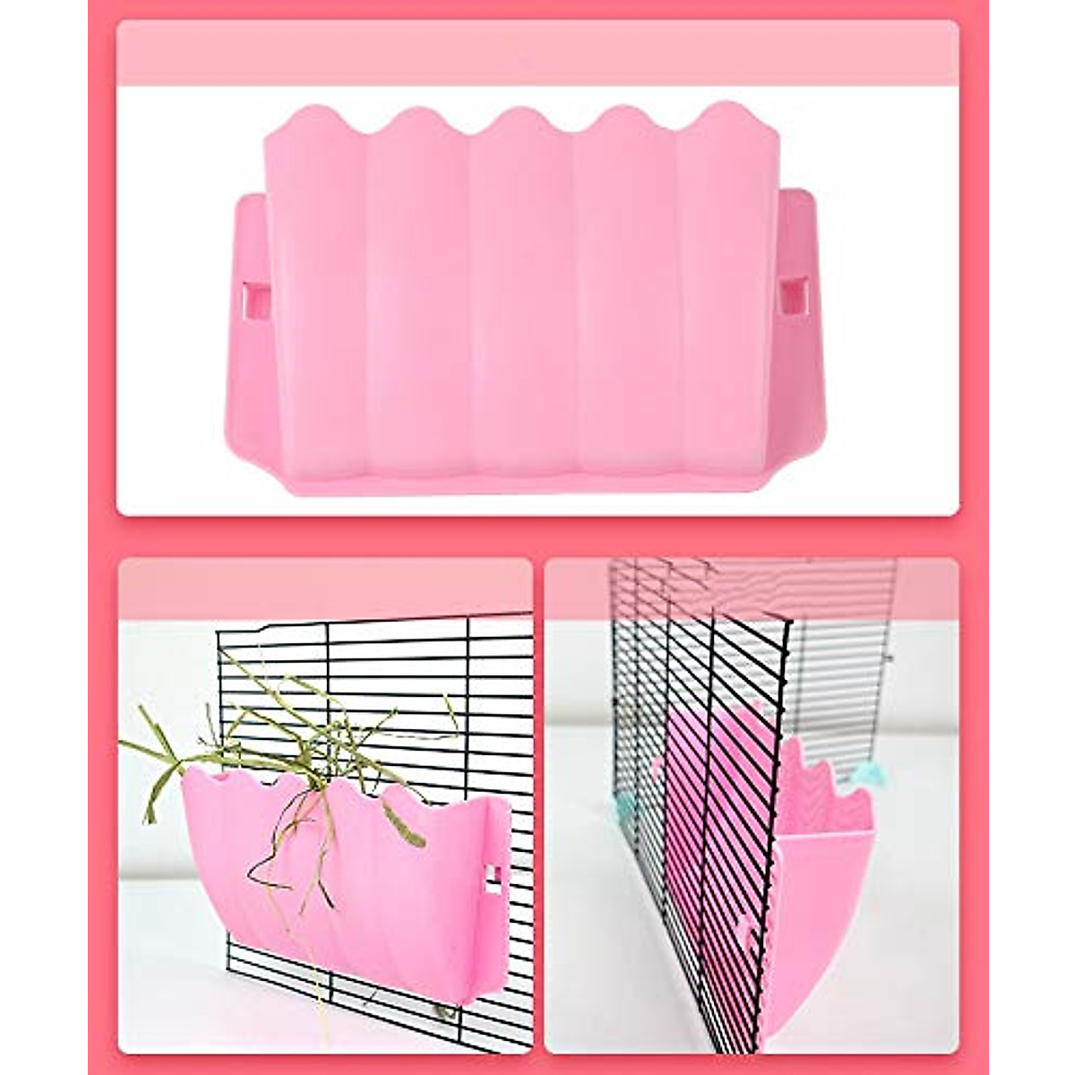 Litewood Rabbit Hanging Hay Feeder Rack Guinea Pig Mess-Free Dispenser Hay Bowl Manger Rack Wall-Mounted for Small Pets Rat Chinchilla Ferret Squirrel Cage Accessories (Pink)