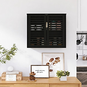 HITNET Black Bathroom Storage Cabinet, Hanging Medicine Cabinet with Adjustable Shelf, Bamboo Over The Toilet Wall Mounted Space Saver Organizer, Double Doors