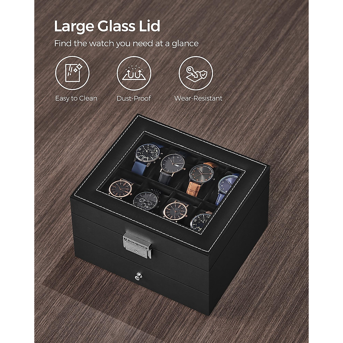 SONGMICS 8-Slot Watch Box, Lockable Watch Case with Glass Lid, 2 Layers, with 1 Drawer for Rings, Bracelets, Gift Idea, Black Synthetic Leather, Black Lining UJWB080B01