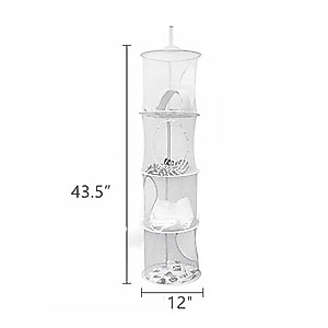 2 Pcs 4 Tier Foldable Hanging Mesh Storage Basket with 2 Hooks,43.5 x12” Space Saving Toy Organizer 4 Compartments Organizer for Corner Organizer Storage Net,Bathroom Balcony Wardrobe,Travel,Gray