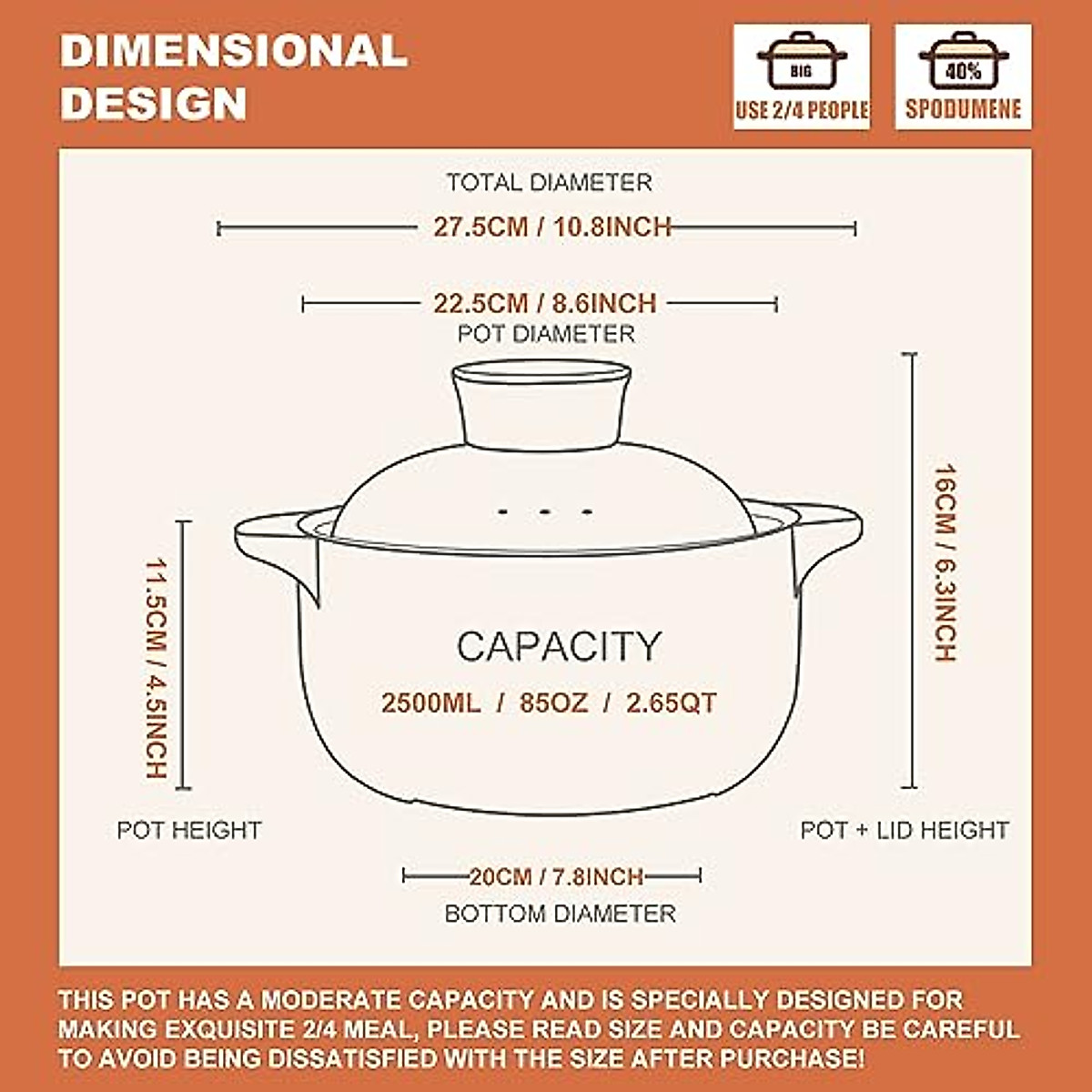 Aroplor Casserole Clay Pot Premium Ceramic Bowls With Lid Heat-Resistant Cooking Nonstick Stock Pot Soup Pot Cookware Stovetop Easy To Clean(Orange 2.65Quart,2500ml)2~6 People (Oranger)
