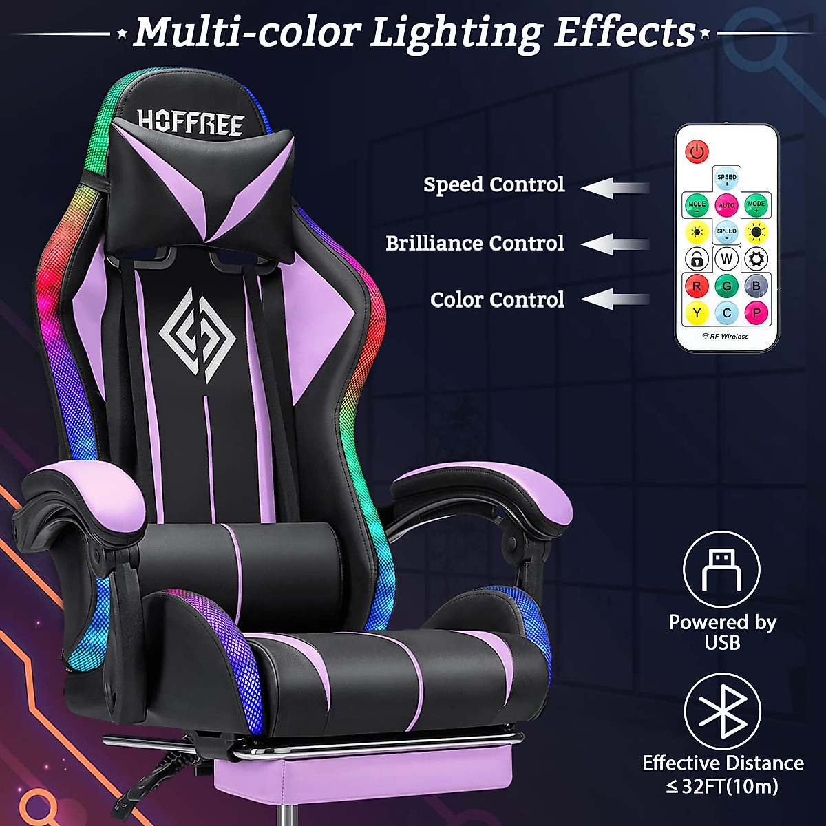 Gaming Chair with Bluetooth Speakers and LED RGB Lights Ergonomic Massage Computer Gaming Chair with Footrest High Back Music Video Game Chair with Lumbar Support Purple and Black