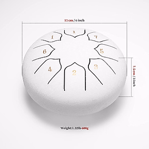 YeahLoop Steel Tongue Drum,6 Inch 8 Notes Tambourine,Percussion Set with Bag,Music book,Mallets,Mallet Holder and Finger Plectrums for Meditation Entertainment (White)