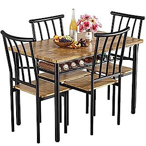 Amyove Kitchen Table and Chairs for 4, 5 Piece Dining Table Set with Storage Rack, Rustic Dining Room Table Set Metal and Wood Rectangular Dining Table for Breakfast Nook, Kitchen, Rustic Brown