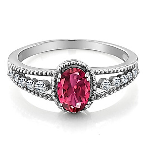Gem Stone King 925 Sterling Silver Pink Tourmaline and White Topaz Engagement Ring For Women (0.91 Cttw, Oval 7X5MM, Gemstone Birthstone, Available In Size 5, 6, 7, 8, 9)