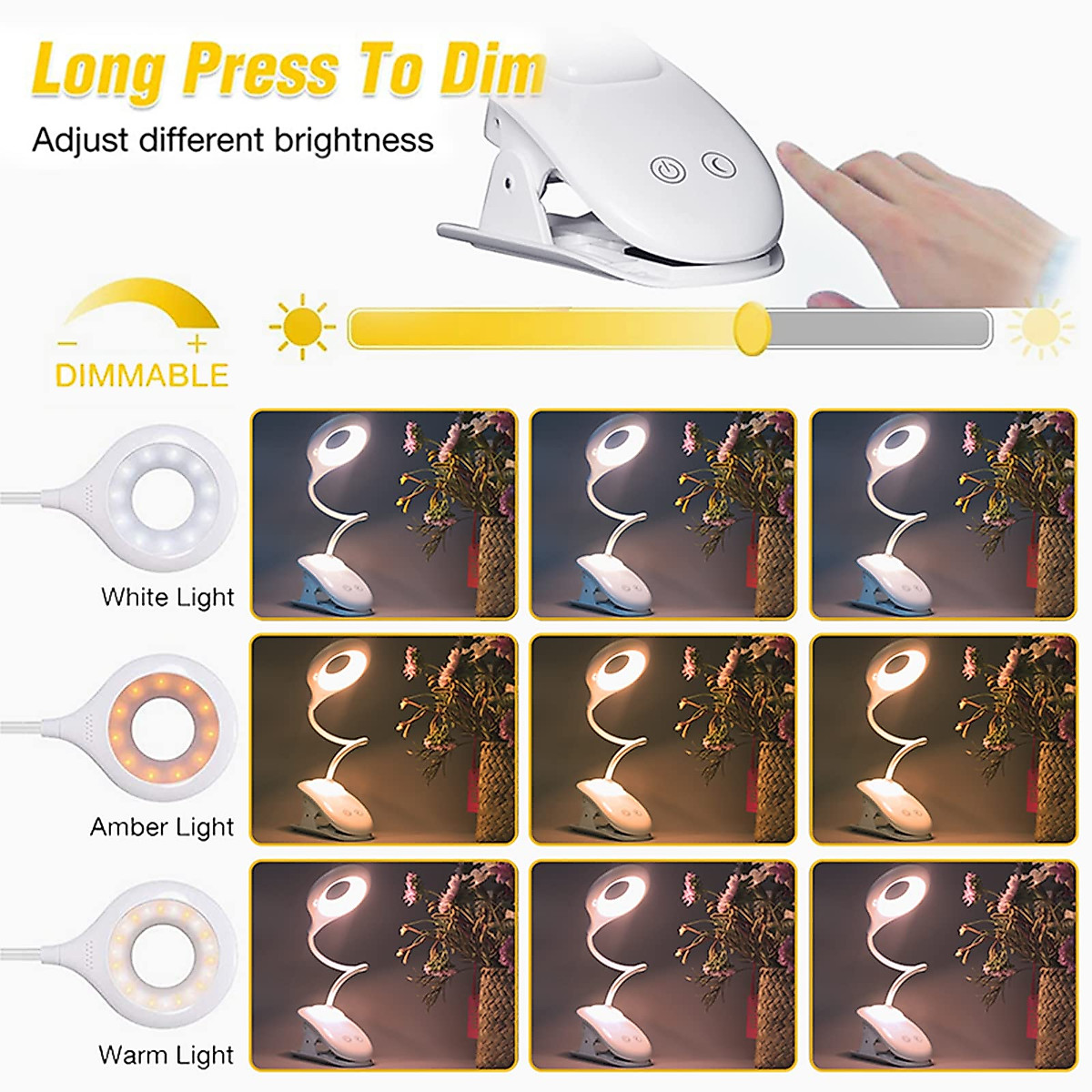 Rechargeable Desk Lamp, Clip on Reading Light with Small Night Light, 3 Light Temperture, Adjustable Brightness Levels, Perfect Table Lamp Book Light for Reading, Bedside, Home Office, Kids, Adults