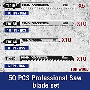 MNA Multi-Purpose Jig-Saw Blades, 50 Pieces, Assorted Jig Saw Kit Value Pack for Wood, Plastic and Metal Cutting with Carry Case