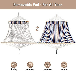 ANOW Outdoor Double Rope Hammock with Pad, Portable Hammock for Patio, Backyard, Beach, 450 LBS Weight Capacity, Blue Seaside