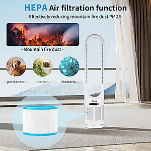 Hiluce Fan and Heater Combo,3-in-1 Bladeless Fan with Remote,Space Heater Fan,HEPA Filter,Tip-Over Switch,26ft/s Quiet Heater Fan,80°Oscillating, 8 Speeds, 9H Timer, 32 inch Large