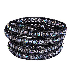 New! Genuine Leather Bracelet Multi Colors Beads Wrap Bracelet Nice Gift! (5 Wraps, facet AB rhinestone)