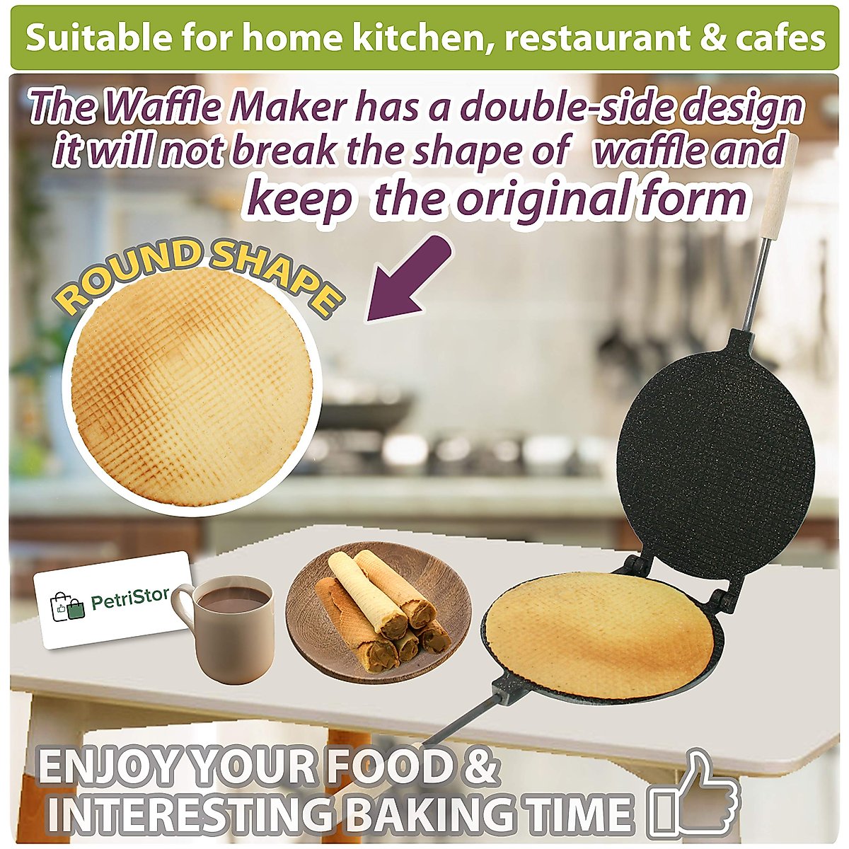 PetriStor Waffle Maker Round Has Nonstick Coating Size 8 in - Waffle Cone Maker - Krumkake Iron - Wafer Maker - Waffle Cone Maker Machine - Stroopwafel Maker - Ice Cream Cone Maker