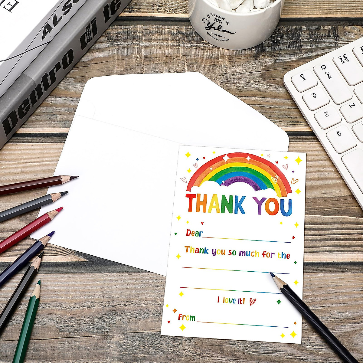 72 Pieces Kids Thank You Cards Fill in the Blank Thank You Notes with Envelopes Colorful Thanks Cards for Birthday Party(Rainbow Style)