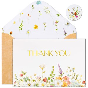 Crisky Gold Foil Wildflower Thank Cards with Envelopes 50 Pack bulk 4x6 Inch Kraft envelopes Flower Greeting Cards with Envelopes For Baby Shower, Wedding, Bridal Shower, Graduation