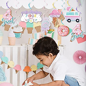 Four Ever Sweet Ice Cream Birthday Party Decorations, 20Pcs Ice Cream Party Hanging Swirl Decorations for Kid Ice Cream Fourth Birthday Party Girl Donut 4th Birthday Party Ceiling Hanging Streamers