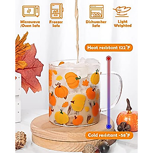 Pumpkin Glass Mug 15 Oz, Clear Fall Cup With Handle, Large Espresso Iced Coffee Glass, Hot Beverage Cappuccino Tea Drinking Glassware, Autumn Decor for Coffee Bar, Thanksgiving Gift for Pumkin Lover