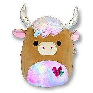 Squishmallows Official Kellytoy 16 Inch Candela Brown Highland Cow with Rainbow Fuzzy Mane and Belly - Pink Nostrils - 2023 Valentine's Squad Stuffed Animal Toy Pillow