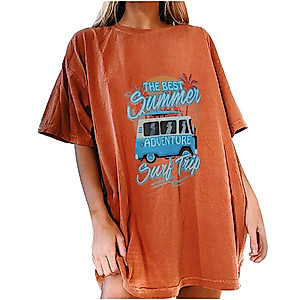 Women's Summer Letter Pattern Print Drop Shoulder Short Sleeve T-Shirt Plus Size Round Neck Casual Tee Solid Color Top (Orange, XXL)