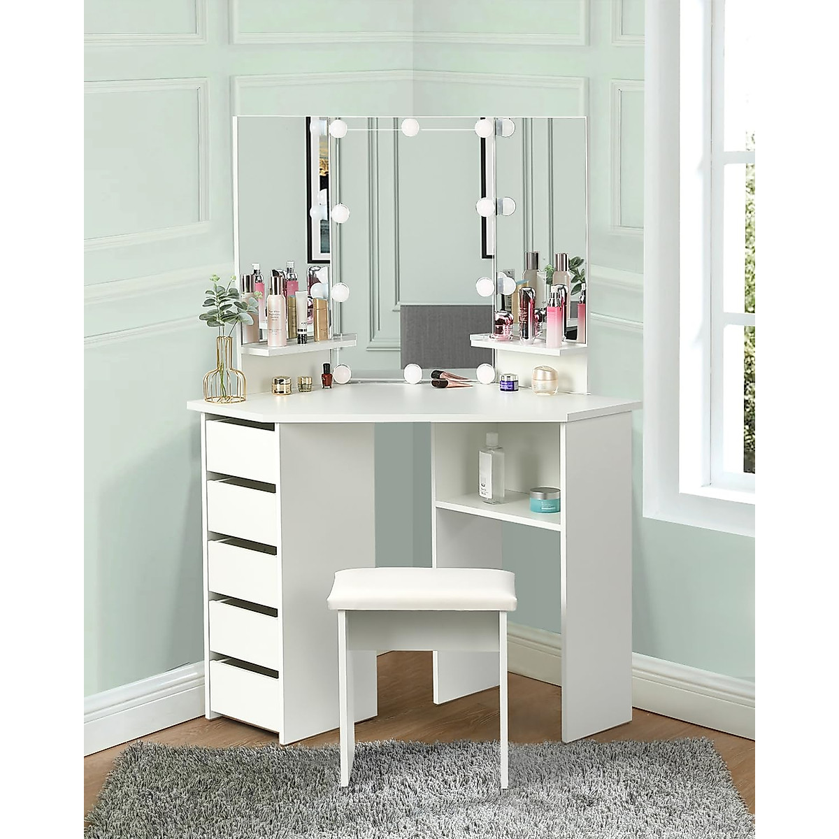 VOWNER Vanity Desk with Mirror and Lights - Vanity with 3 Lighting Options, Adjustable Brightness, Vanity Set with 5 Sliding Drawers, Shelves and Vanity Stool, Corner Vanity for Women Girls, White 43"