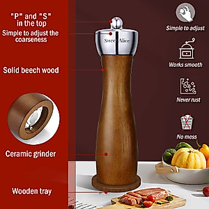 Salt and Pepper Grinders Refillable ​Set, Beech Wood Pepper Mill with Ceramic Mechanism, Solid and Durable Salt Grinders Suited for Sea Salt, Black Peppercorn (6'', Brown Set of 2)