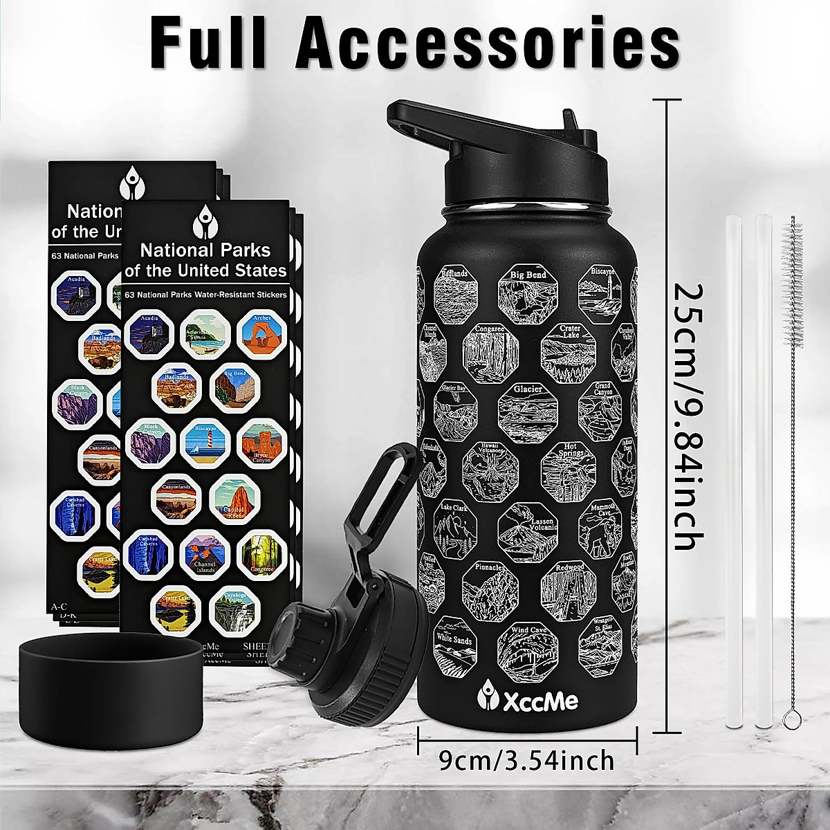 XccMe National Parks Water Bottle with Stickers,32 oz Insulated Stainless Steel Water Bottle with 2 Lids,Straws,Silicone Boot,Waterproof Stickers,Travel Vacuum Sealed Water Bottle,Leak Proof (Black)