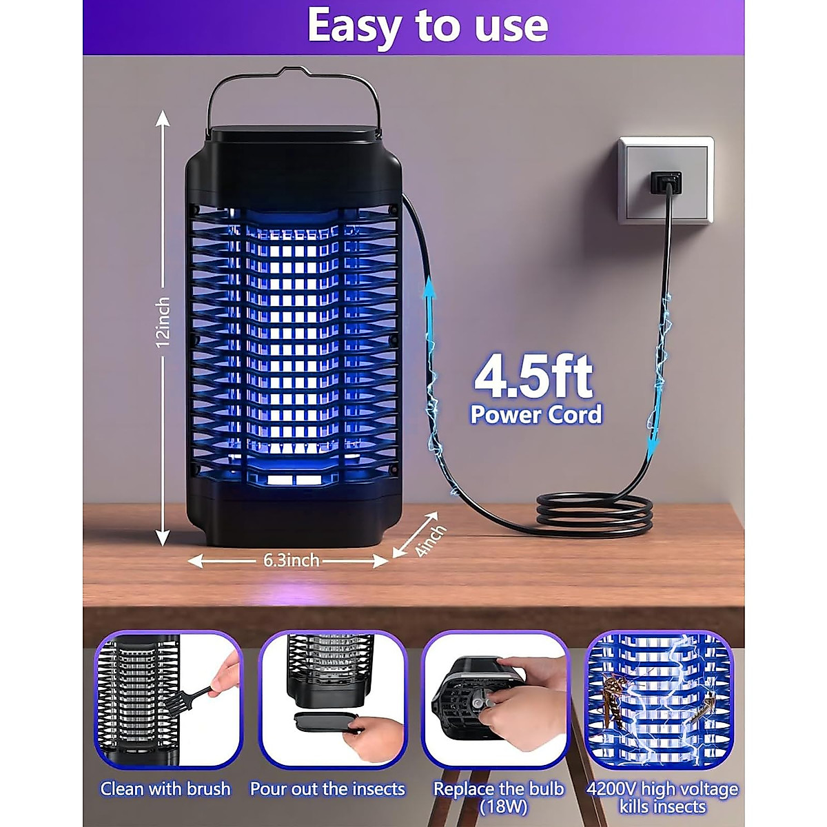 topwowe Bug Zapper Outdoor, Electric Mosquito Insect Killer Fly Zapper Mosquito Zapper for Backyard, Home, Garden, Patio, Camping, Black