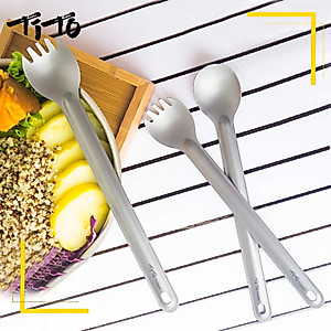 TiTo Titanium Long Handle Spork and Spoon Eco-Friendly Ultralight Portabale Flatware for Outdoor Camping Backpacking Hiking Travel Picnic Tableware with Bag(Spork)