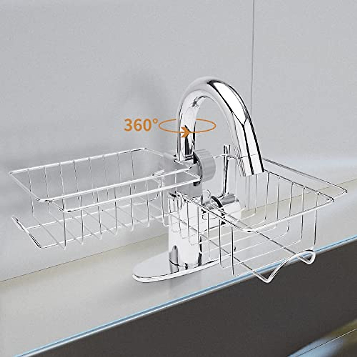 NCARSTER Stainless Steel Faucet Rack, 2 Pcs Kitchen Sink Caddy Faucet Rack with Hook - Detachable Scrubbers Soap Hanging Faucet Drain Rack for Bathroom (Silver -M)