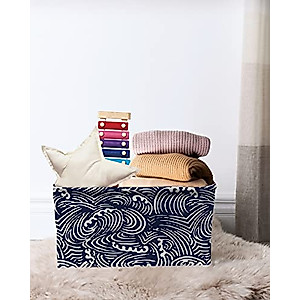 Sea Ocean Wave Texture Filling Storage Basket Waterproof Cube Storage Bin Organizer with Handles, Navy Blue White Stripes Collapsible Storage Cubes Bins for Clothes Books Toys 15"x11"x9.5"