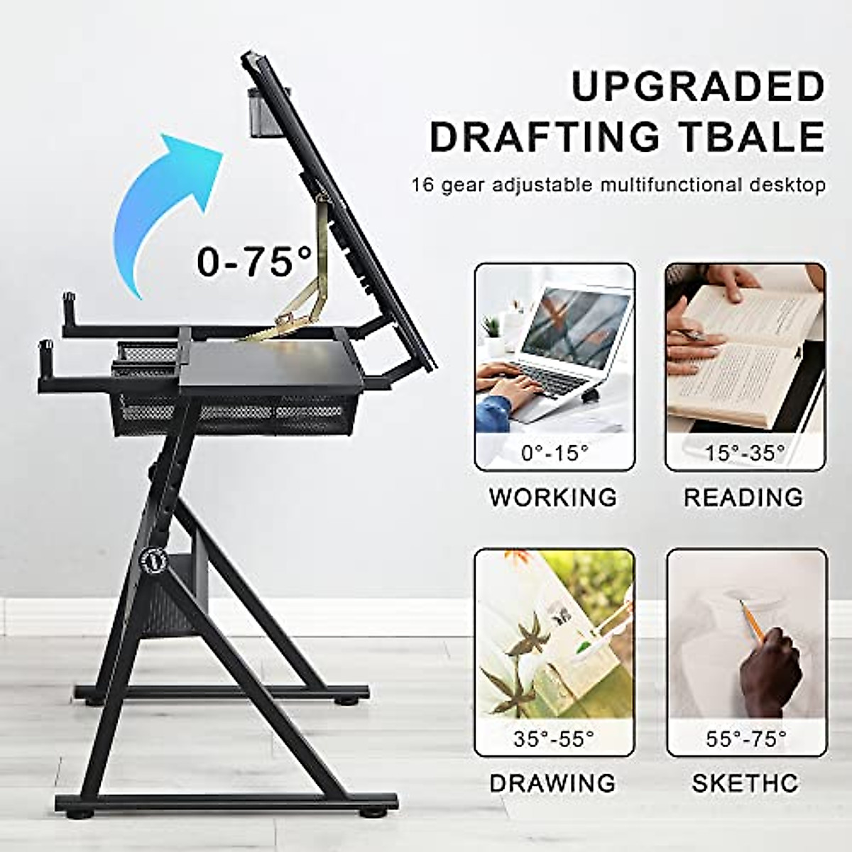 LifeSky Adjustable Glass Drafting Table - Height Adjustable Temped Glass Artists Drawing Table with Storage - Art Craft Desk Workstation for Adults