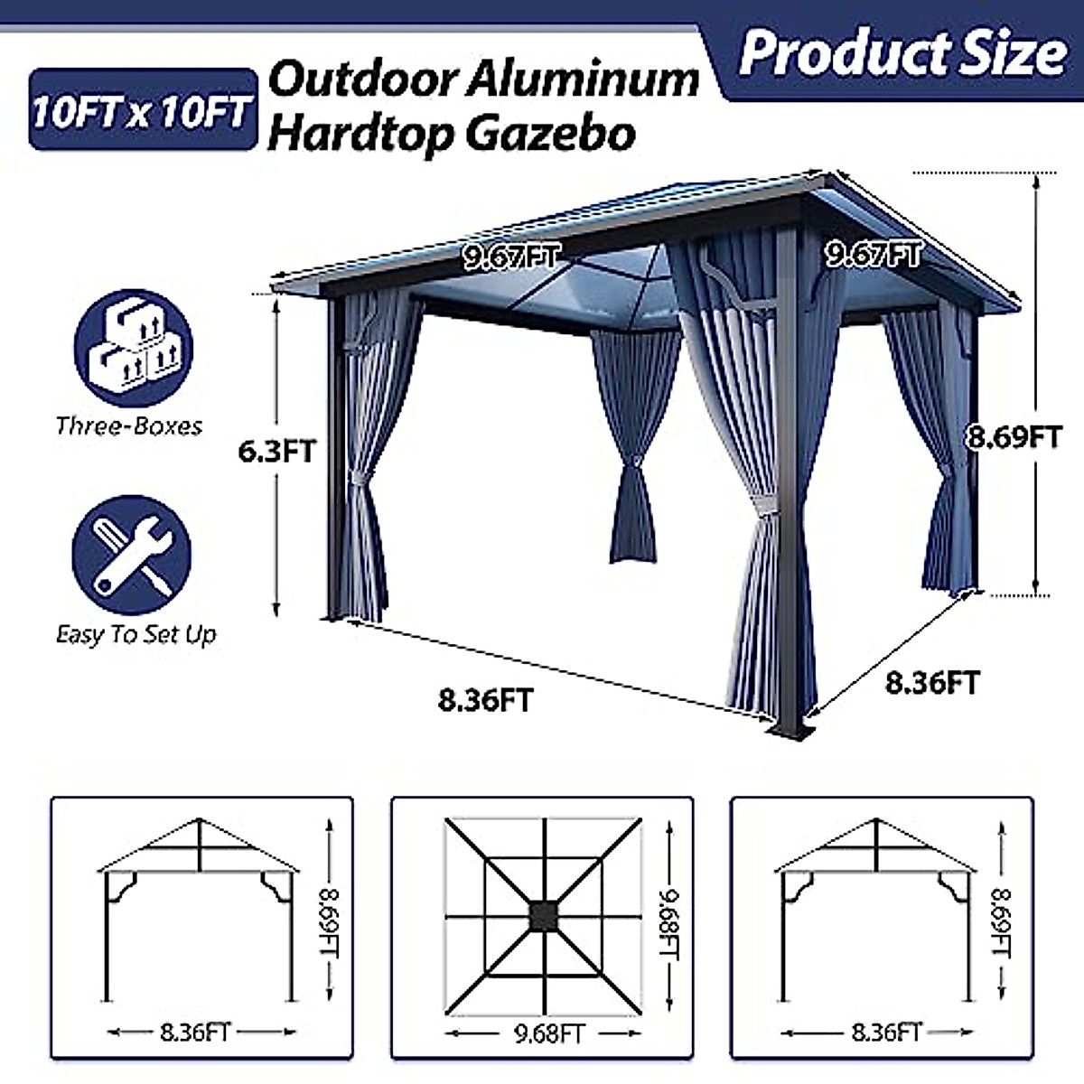 GARTOO 10'x10' Hardtop Gazebo, Outdoor Gazebo with Translucent Roof, Polycarbonate Top Aluminum Frame Garden Tent with Breathable Mesh and Privacy Curtains for Patio Lawn Garden Backyard, Gray