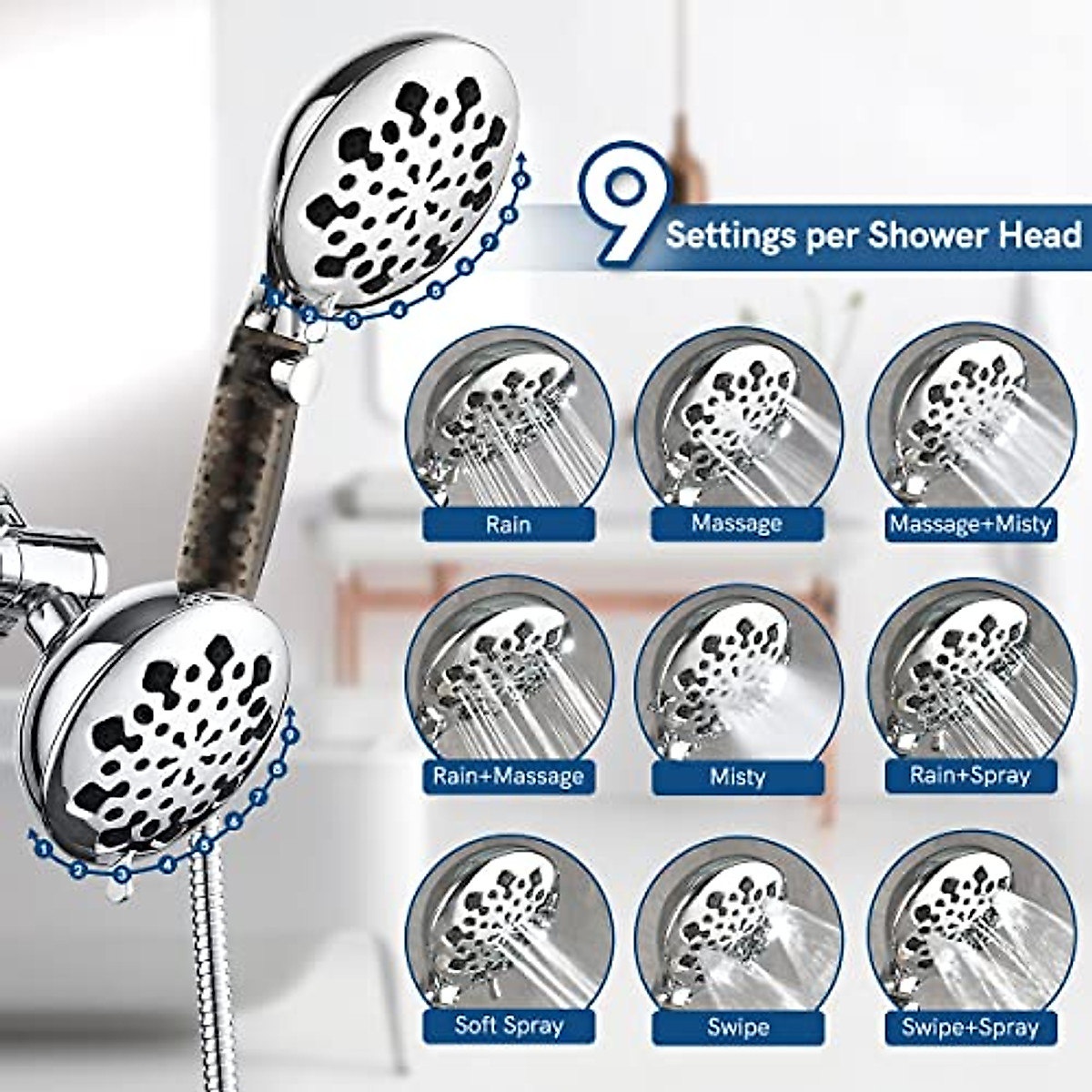 Fulgutonit Modern 9-Setting Shower Head with Handheld Combo, Polished Finish, Removes Chlorine and Harmful Substances