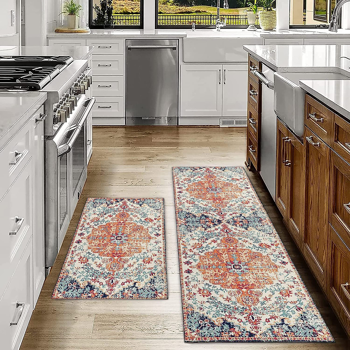 Ideasonna Boho Kitchen Rug Mat Country Rustic Farmhouse Kitchen Rugs Sets of 2 Washable Non-Slip Kitchen Floor Mats for in Front of Sink Boho Kitchen Decor