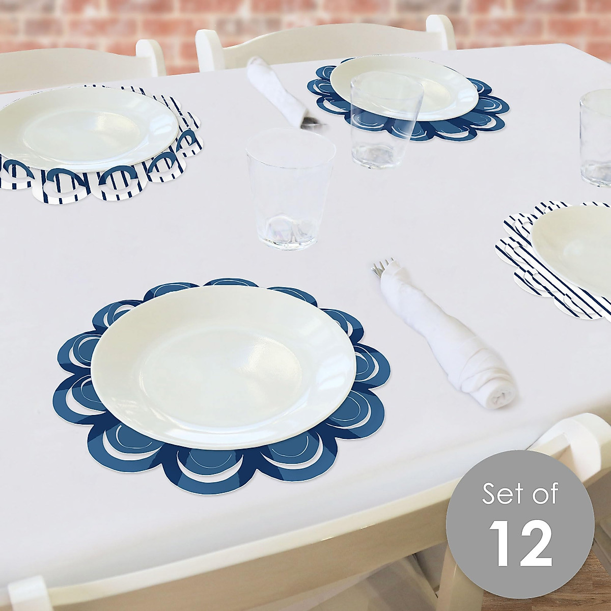 Big Dot of Happiness Navy Stripes - Simple Party Round Table Decorations - Paper Chargers - Place Setting For 12