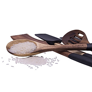 TOOKSA- Premium 5 Piece Acacia Multi-Toned Light and Dark Wooden Spoon, Turner and Spatula Utensil Set with Silicone, Rubber, Non-Slip Handles (Black)