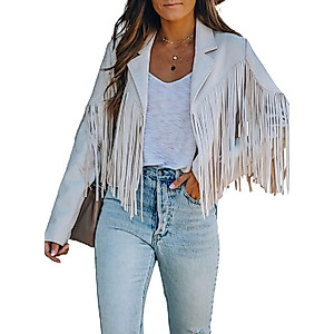 Dokotoo Womens Fall 2023 Jackets for Women Faux Suede Leather Casual Lapel Fashion Tassel Motorcycle Cropped Jacket White Small