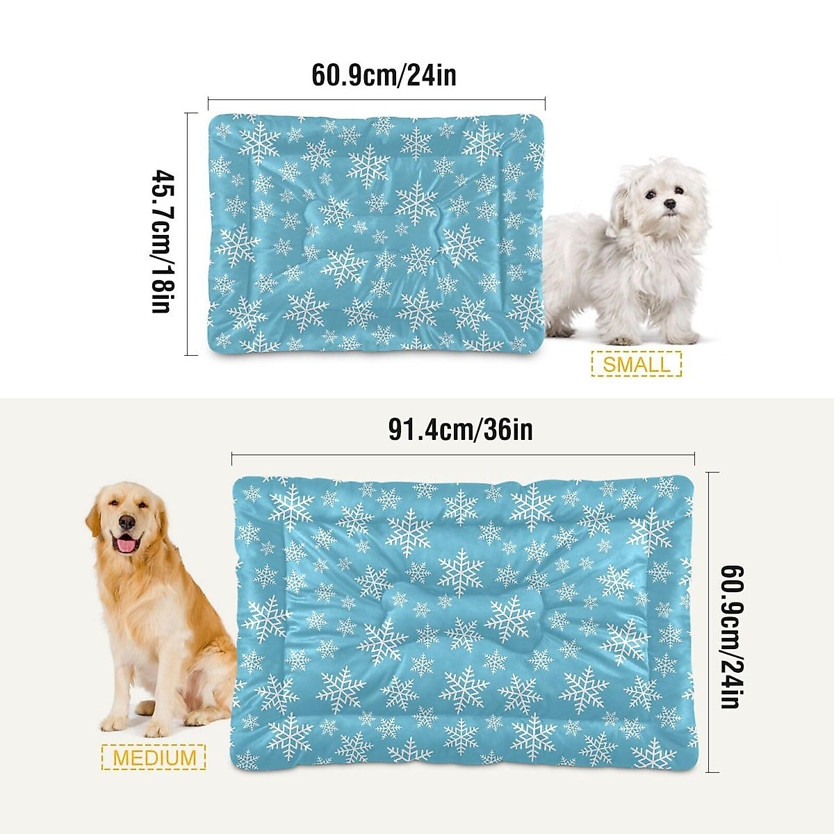 Coikll Christmas White Snowflakes Blue Pet Bed Pad Soft Dog Bed Mat with Anti-Slip Bottom, Machine Washable Crate Pad Mattress for Dog Sleeping- 36 * 24inches