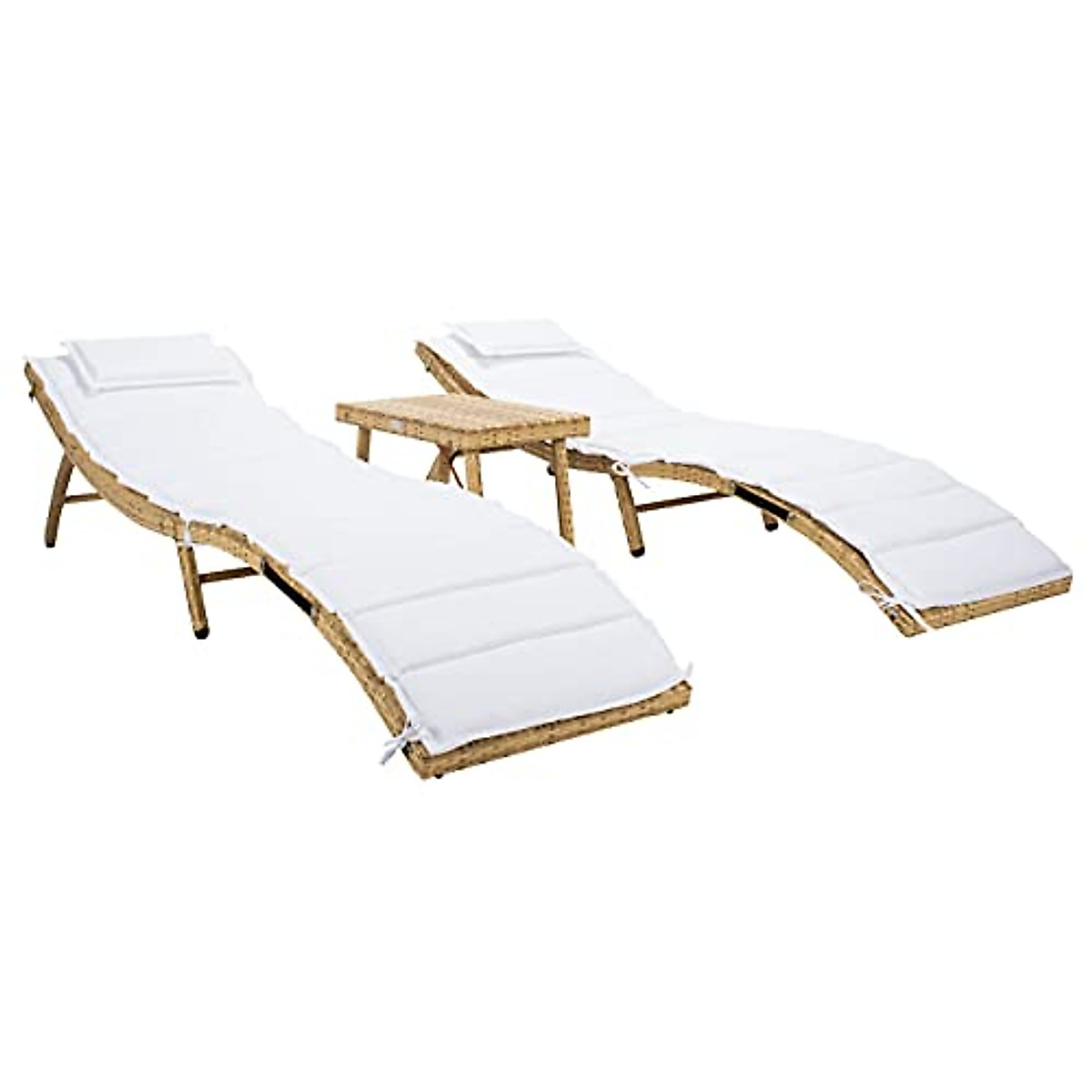 SAFAVIEH Outdoor Collection Carew Natural/White Cushion 3-Piece Chaise Lounge Chair Set with Table (PAT7720D)