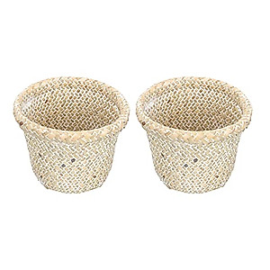 Zerodeko Woven Hamper 2pcs Rattan Trash Can Woven Water Hyacinth Wicker Waste Basket Garbage Container Bin Plant Pot Laundry Basket for Bathroom Kitchen Woven Baskets