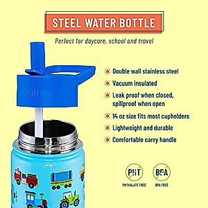 Wildkin Kids Stainless Steel 14 Ounce Water Bottle for Boys & Girls, Perfect for Daycare, School, or Travel, Features Straw Top & Carrying Handle, Easy to Clean Water Bottles (Trains, Planes & Trucks)