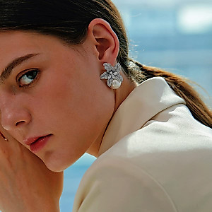 Blooming Flower Drop Cubic Zirconia Big Round Pearl Stud Earrings for Wedding Ceremony Chic Accessories (Silver)