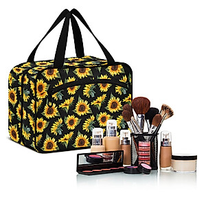 Vnurnrn Sunflowers on Black Large Travel Toiletry Bag for women Makeup Organizer Bag with Hanging Hook Shower Bag for Traveling Electric Shaver Brush