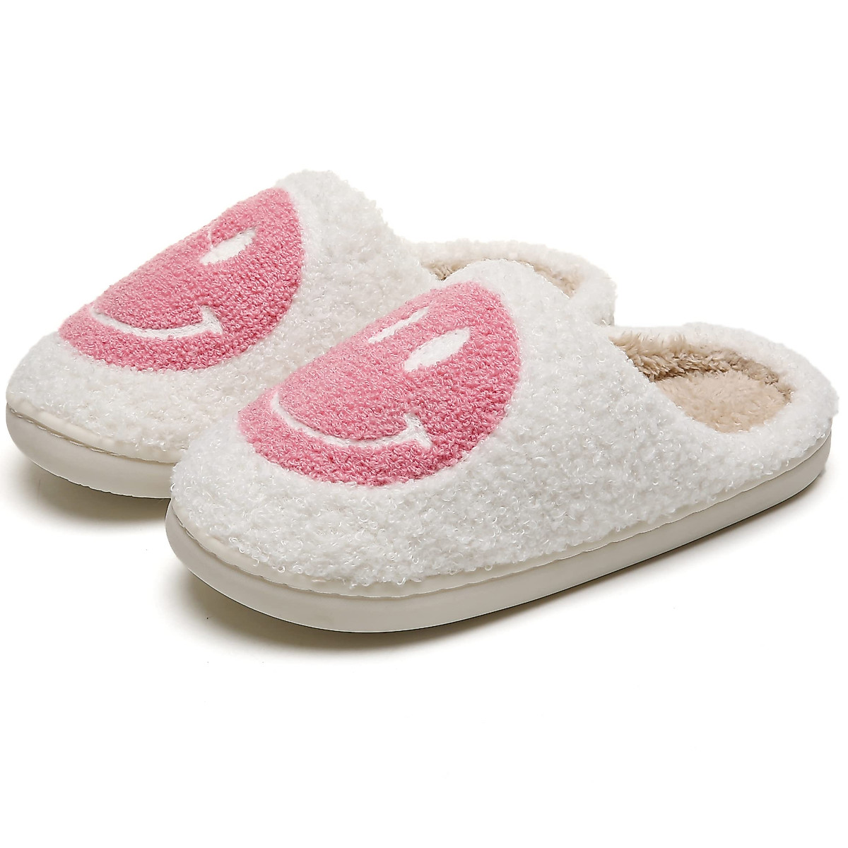 PLMOKN Slippers for women indoor and outdoor men open toe fluffy cute smile face slippers,B-Pink/8.5-9.5
