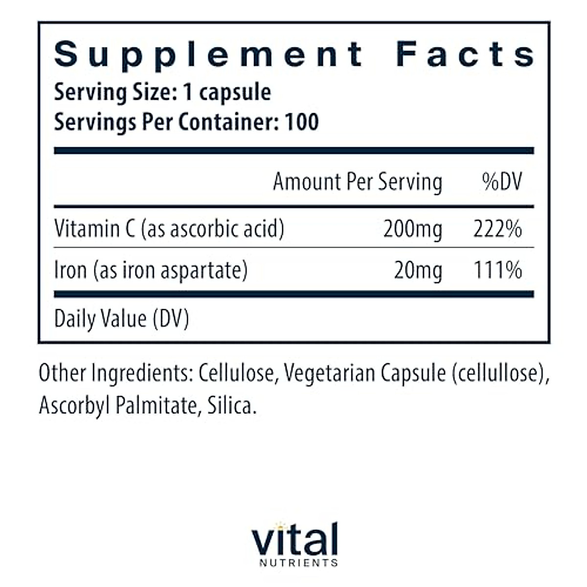 Vital Nutrients Iron Plus Vitamin C | Vegan Iron Supplement | 20mg Iron with Vitamin C to increase Iron and Energy Levels | Gluten, Dairy and Soy Free | Non-GMO | 100 Capsules