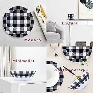 Winter Frost White, Black Modern Kitchen Dinnerware Sets, Indoor and Plates, 16-Piece Plaid Kitchen Plates and Bowls Set with Mugs, Dishwasher Safe