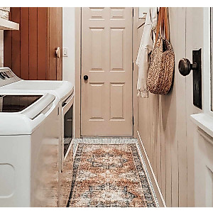 Hauteloom Rosman Machine Washable 7'10"x10'2" Living Room Bedroom Area Rug - Persian Oriental - Vintage Distressed Medallion - Pet & Child Friendly - Stain & Water Resistant - Terracotta, Brown