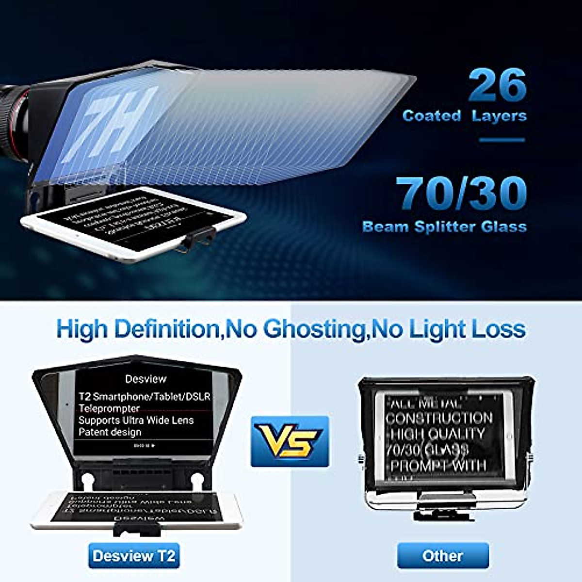 Desview T2 Teleprompter for Tablet Smartphone iPad up to 8 inch,70/30 Beam Splitter Glass,Teleprompter with Remote Control for DSLR Camera Phone Video Recording