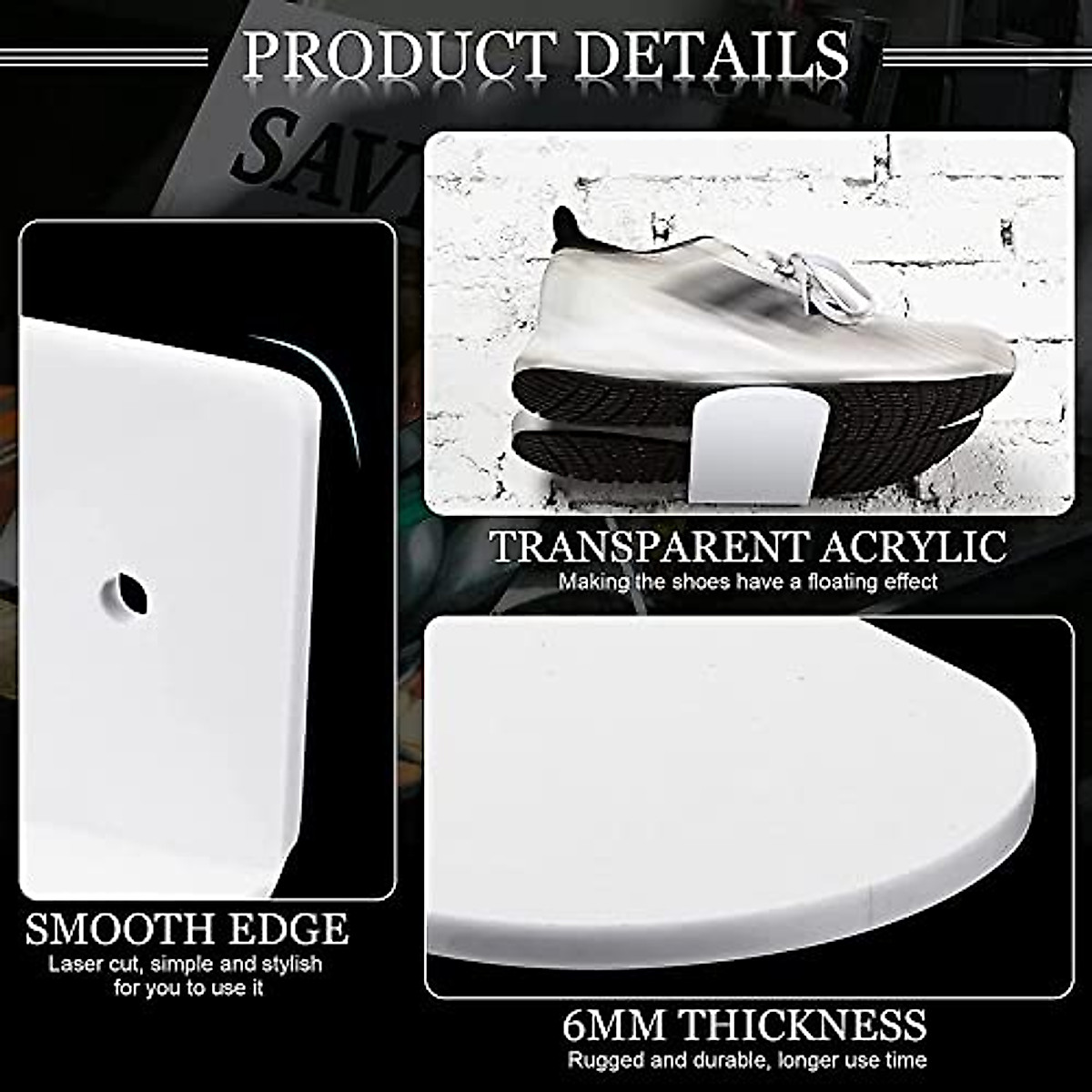 6 Sets Floating Shoe Shelves for Wall, Clear Acrylic Shoe Display for Sneakers Shoe Rack Extra Thick with Screws and Anchors, Wall Mounted Display Shoe Shelves (Transparent)