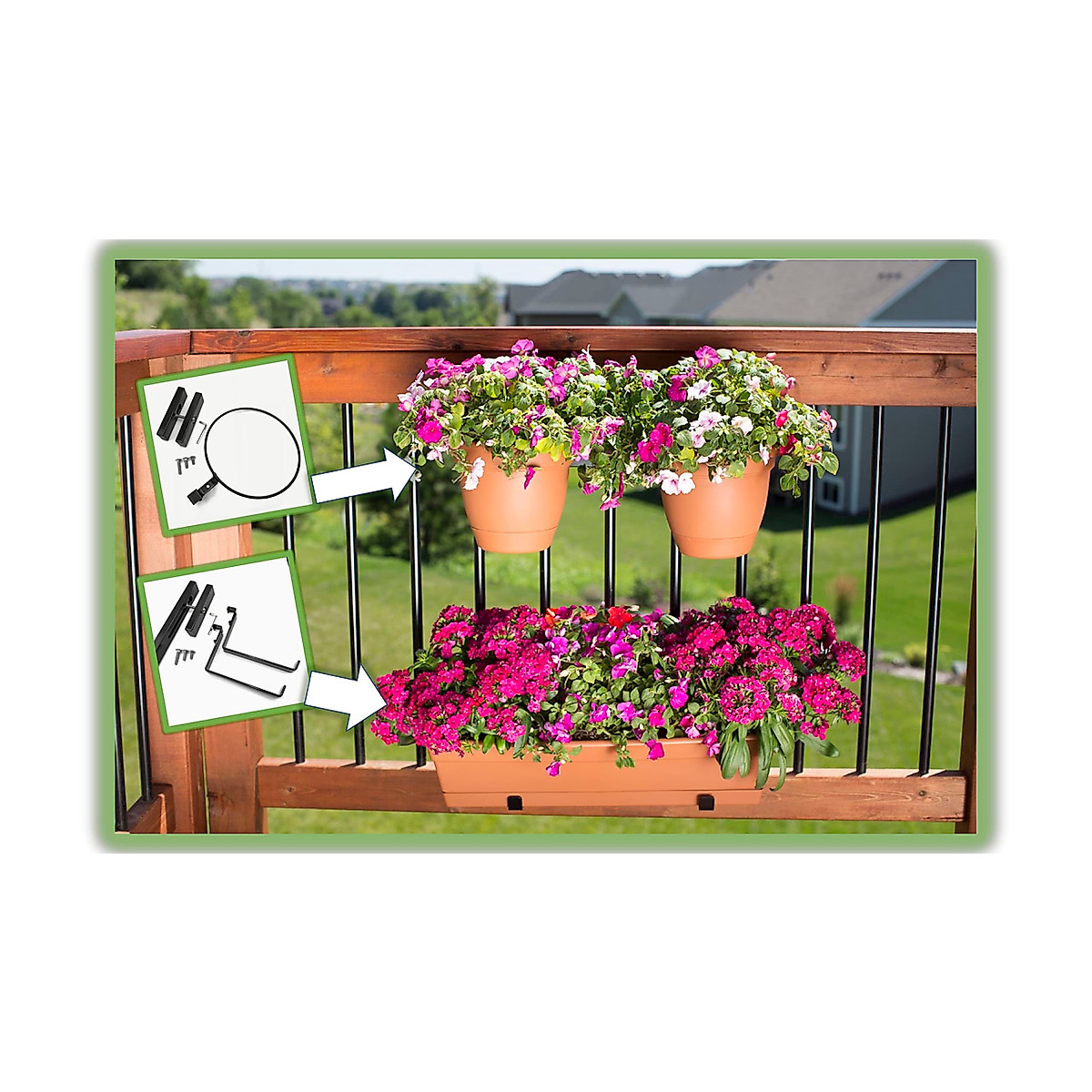 Deck Railing Plant Container Holder/Bracket Kit for Round Pot Planters (10") Connects Harmlessly to Vertical Spindled Railings - Adjustable Height - Heavy Duty Plant Hanger