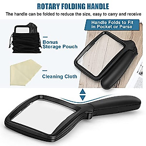 Folding Handheld Magnifying Glass with Light, 3X Large Rectangle Reading Magnifier with Dimmable LED for Seniors with Macular Degeneration, Newspaper, Books, Small Print, Lighted for Low Visions Black