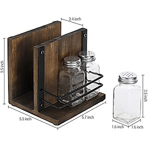 MyGift Rustic Burnt Solid Wood Napkin Holder and Salt & Pepper Caddy, 4 Piece Set Dining Tabletop Napkin Dispenser with Condiment Caddy and 3 Glass Bottle Shakers